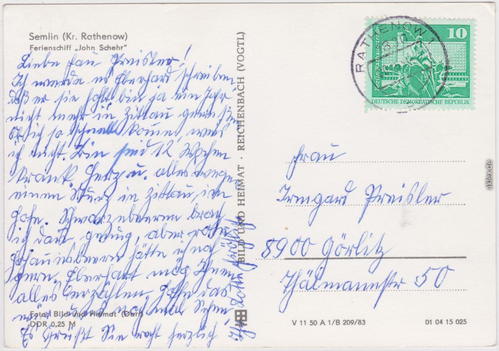 Ferienschiff "John Schehr" :: Semlin-Rathenow :: Ansichtskarten-Lexikon
