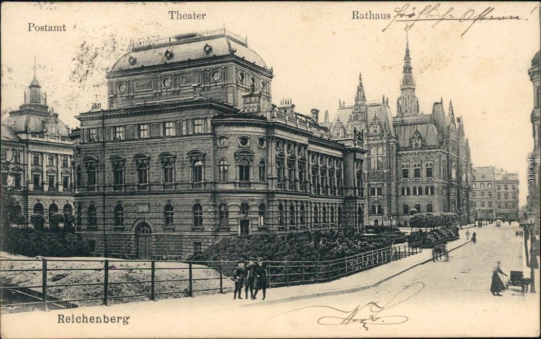Straßenpartie am Postamt und Theater :: Reichenberg :: Ansichtskarten ...