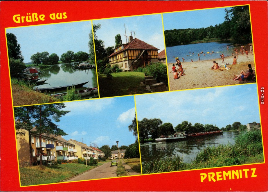 Bootsanlegestelle, Fachwerkhaus, Badestrand, Wohnsiedlung, Frachter am ...