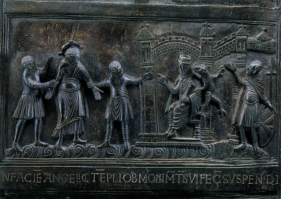 Dom Bernwardstür (um 1015), Detail, Christus vor Herodes - Pilatus :: Hildesheim ...