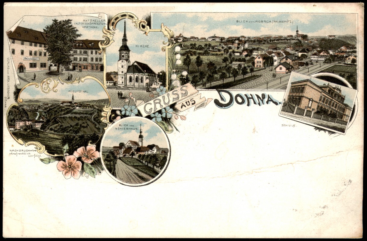 Litho, Bahnhof, Ratskeller, Stadt :: Dohna :: Ansichtskarten-Lexikon